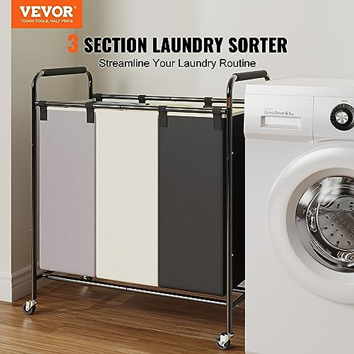 VEVOR 3-Sections Laundry Basket, Heavy Duty Laundry Hamper Storage Organizer, Laundry Sorter Cart with Heavy Duty Lockable Wheels for Dirty Clothes in Laundry Room Bedroom