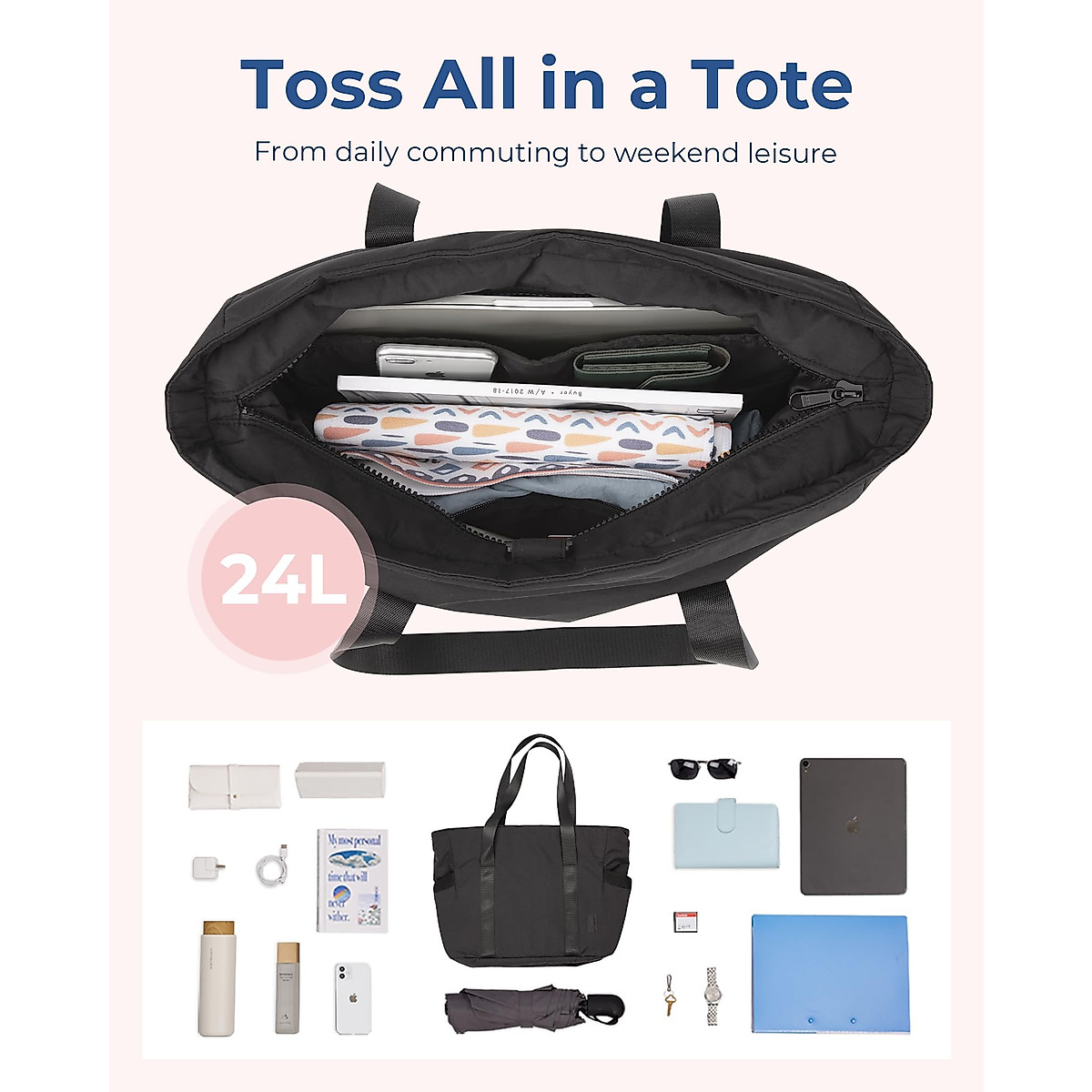 BAGSMART Tote Bag for Women with Zipper, Gym Tote with Compartments, Work Tote Nurse Dance Yoga Bag for Sport, Travel