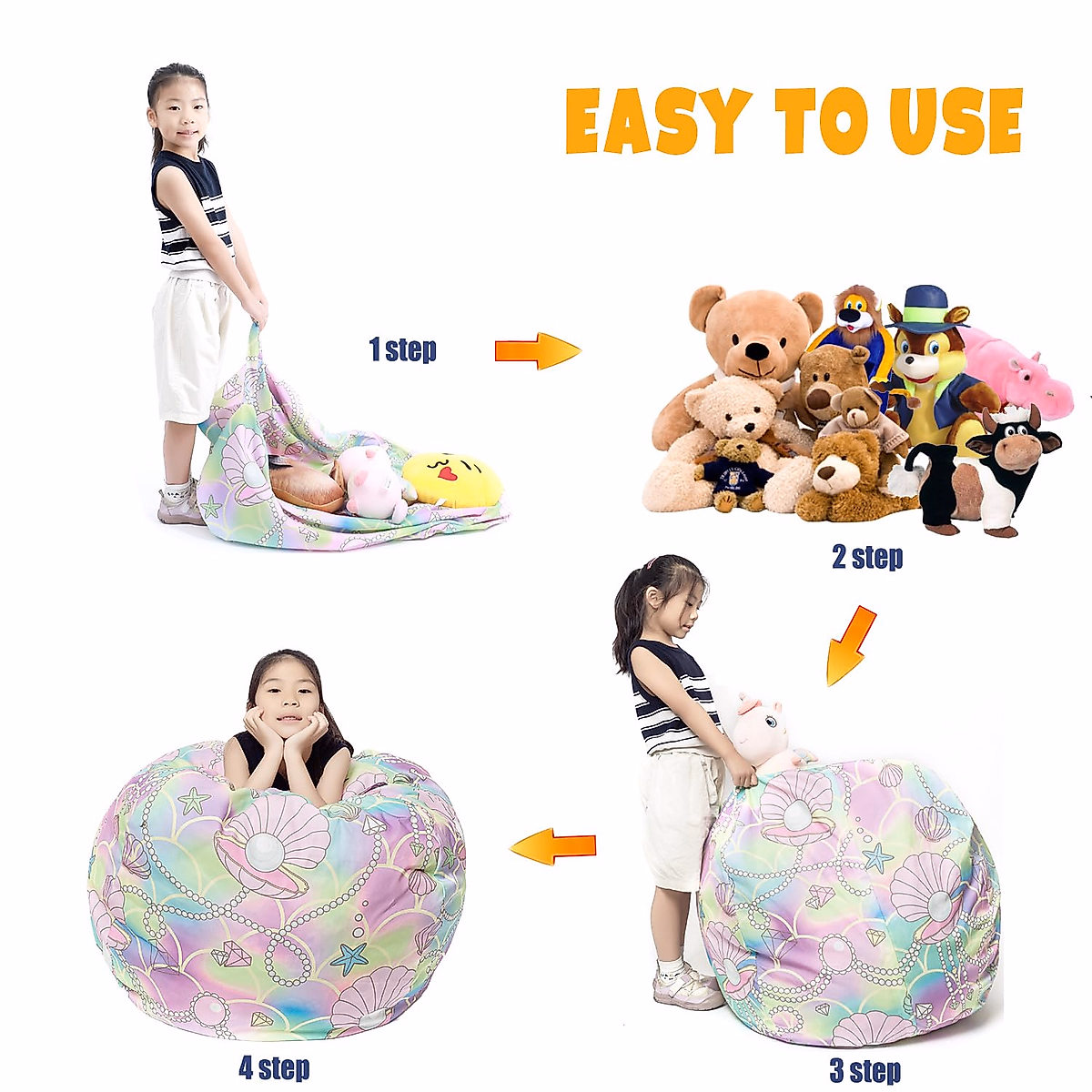 LOLOMLO Stuffed Animal Storage Bean Bag Chair Cover, Hold Kids Plush Toys Blankets Towels Beanbag (Cover Only), Canvas Floor Circle Stuff Sit Seat Sofa with YKK Zipper, Large 32", Pink Shell