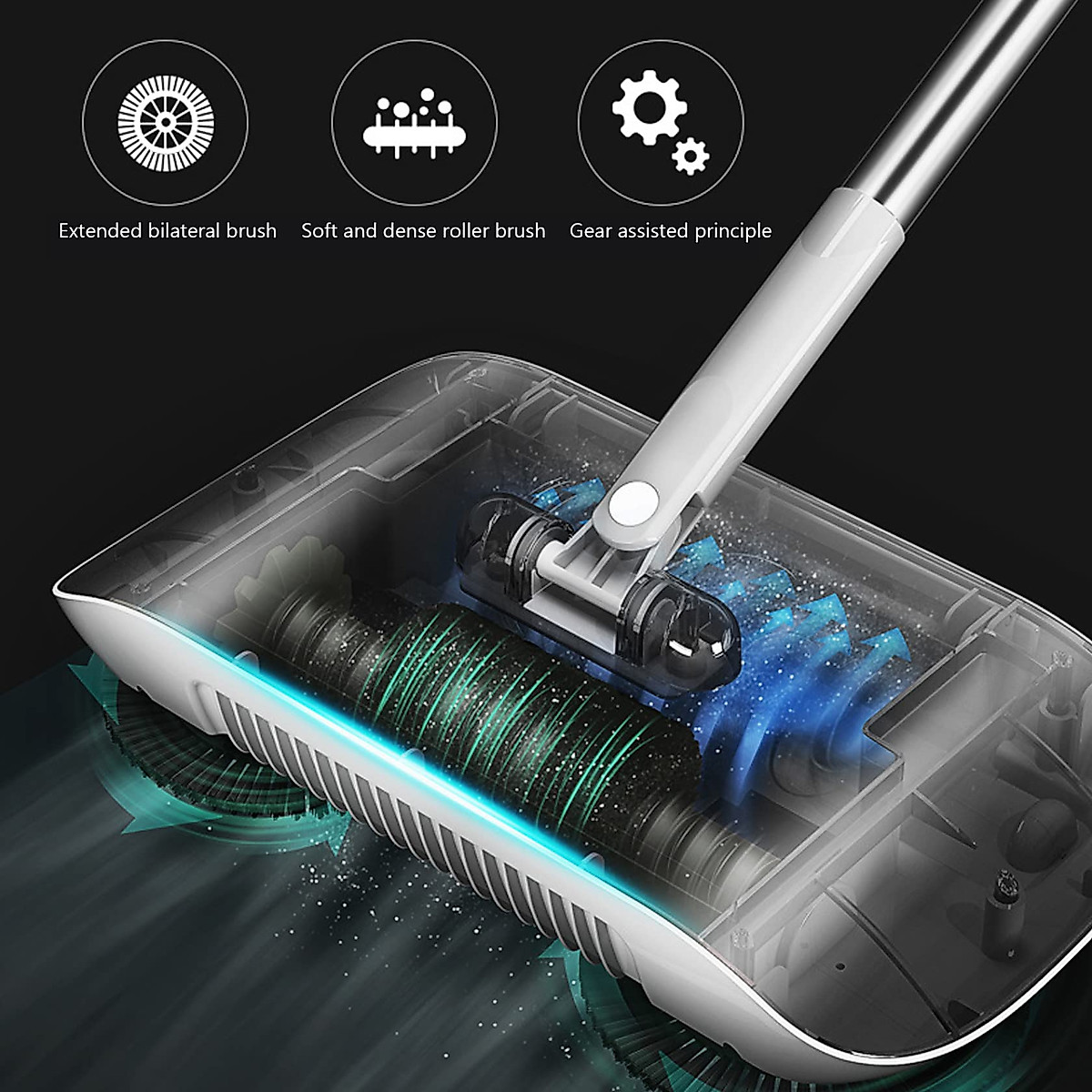 Naisicore Hand Push Sweeper, 3 in 1 Hand Sweeping Mop with Vacuum Cleaner & Crumb Sweeper, Floor Cleaning Tools for Cleaning Floor Rugs Hair, Fruit Shell, Dust (Blue)