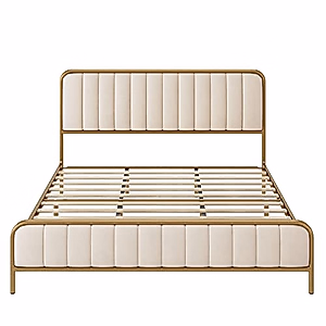 HITHOS Queen Size Bed Frame, Upholstered Bed Frame with Button Tufted Headboard, Heavy Duty Metal Mattress Foundation with Wooden Slats, Easy Assembly, No Box Spring Needed (Golden/Off White, Queen)