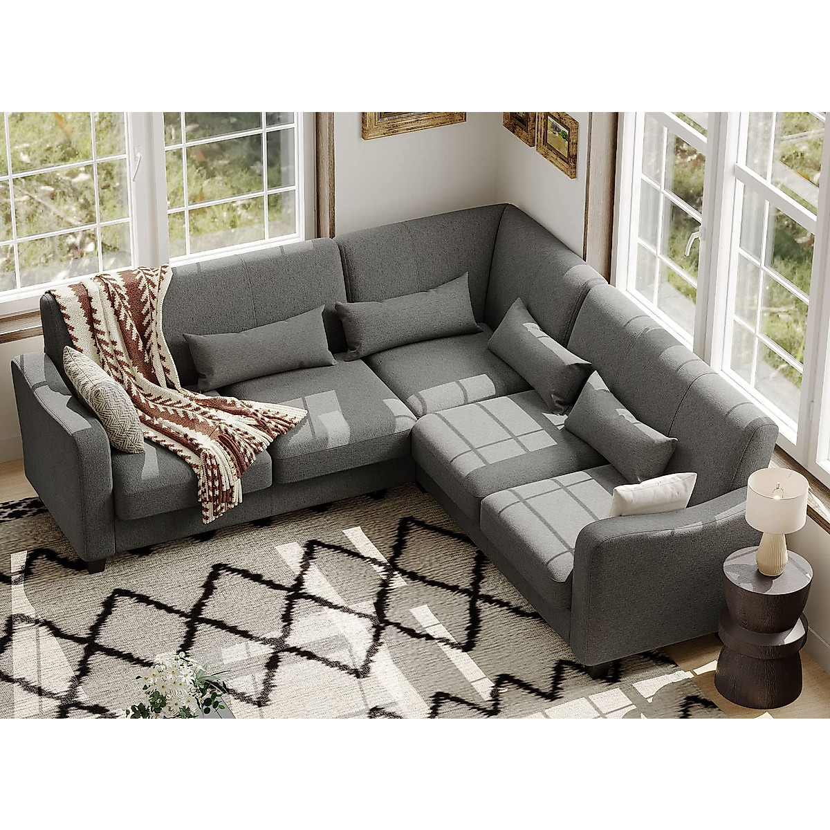 Belffin Fabric L Shaped Sofa Small Sectional Couch with Chaise Solid Corner Sofa Small L Couches 5 Seater Sofa Light Grey