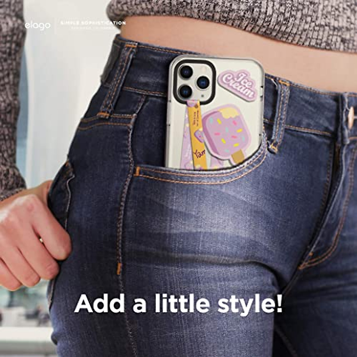 elago Phone Strap with Stickers, Phone Grip, Phone Loop Compatible with All Smartphone Case, Double Sided Design, Stickers Included, Compatible with Magsafe [Yellow Strap & Blueberry Ice Cream]