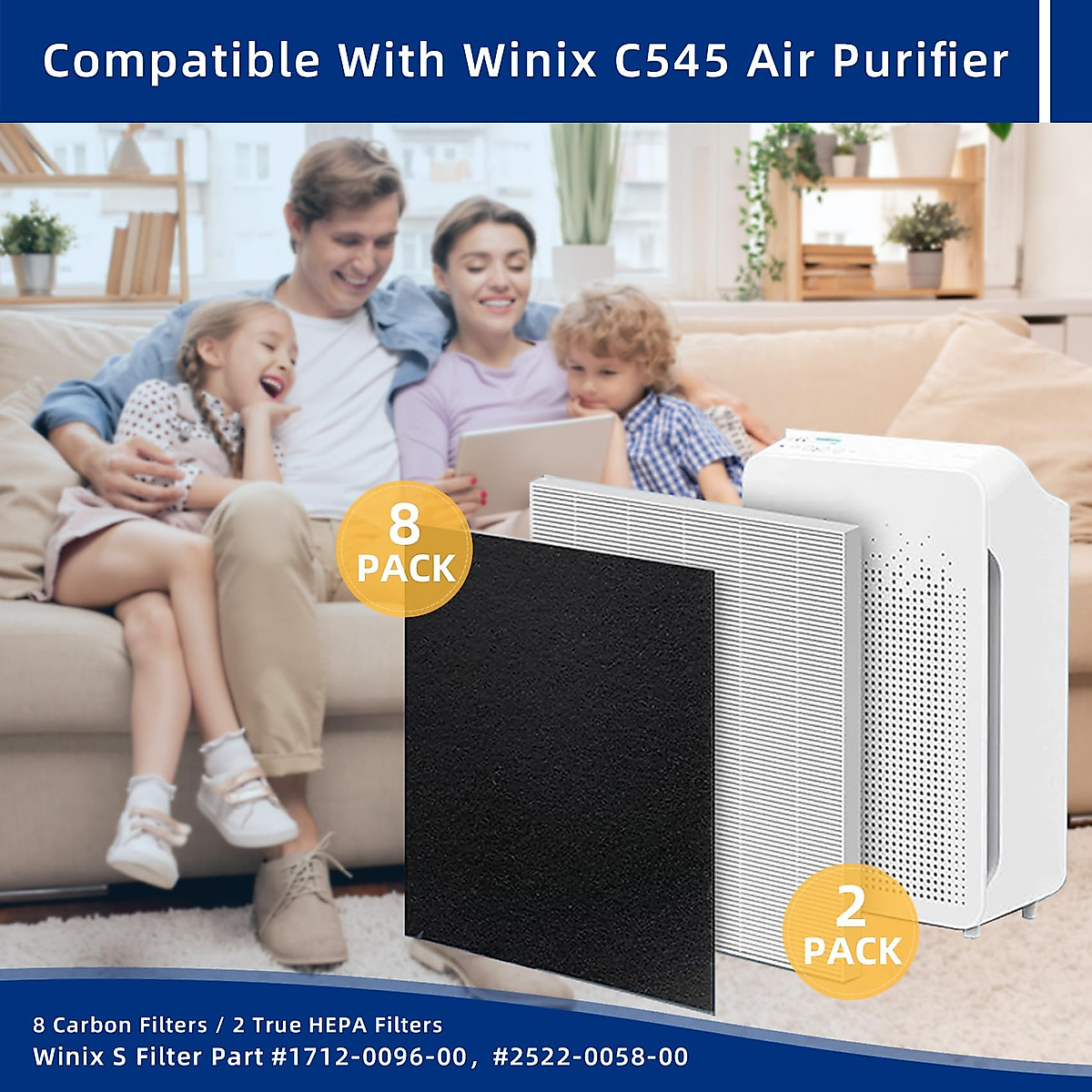 C545 Replacement Filter S Compatible with Winix C545, B151, P150, 9300 Air Purifier - 2 True HEPA Filters + 8 Activated Carbon Pre-Filters - Compare to Part # 1712-0096-00, 2522-0058-00