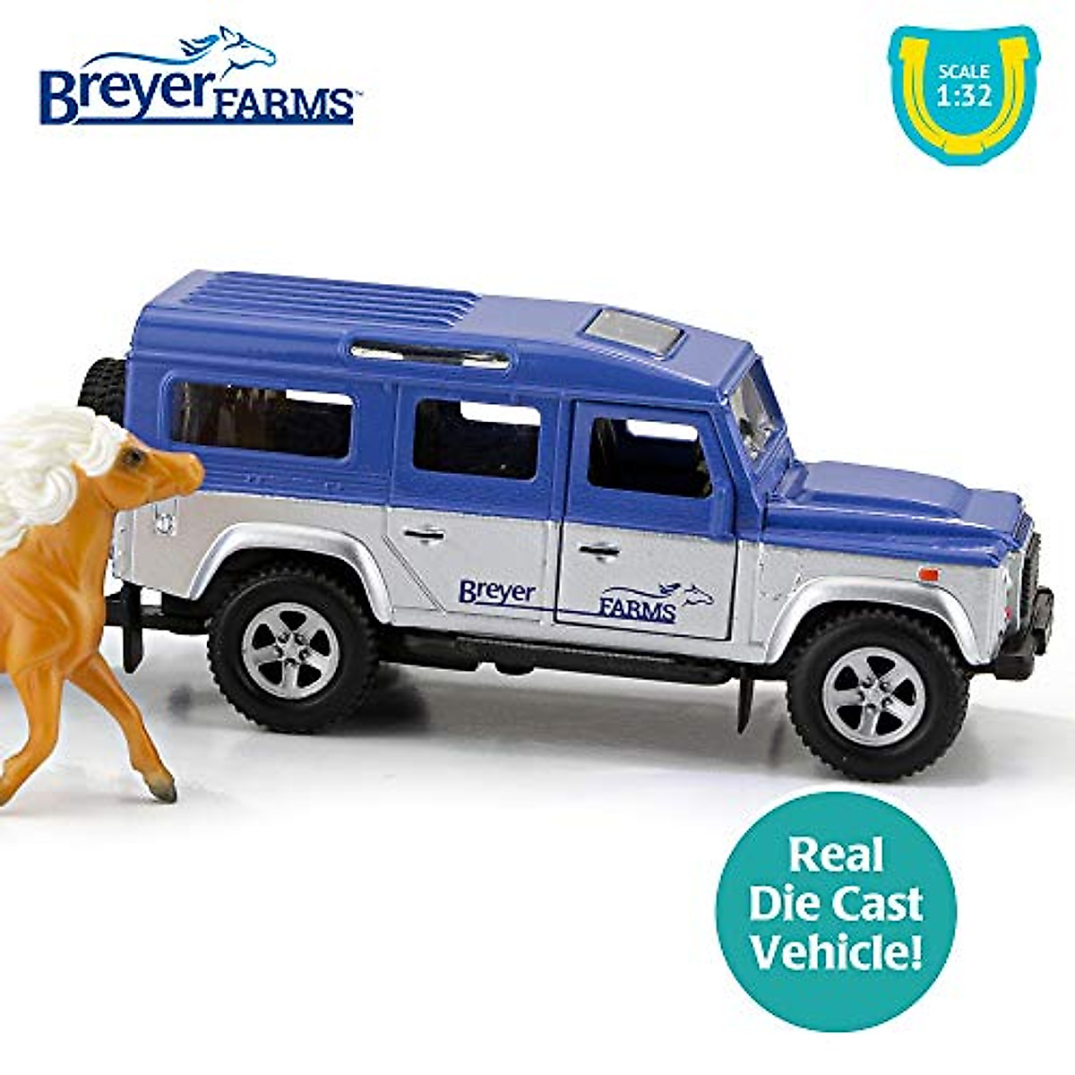 Breyer Horses Farms Land Rover and Tag-a-Long Trailer and Playset | Die Cast | 3.25” H x 10.5” L x 2.5” D | 2 Stablemates Horses Included | 1:32 Scale | Model #59216, Multi