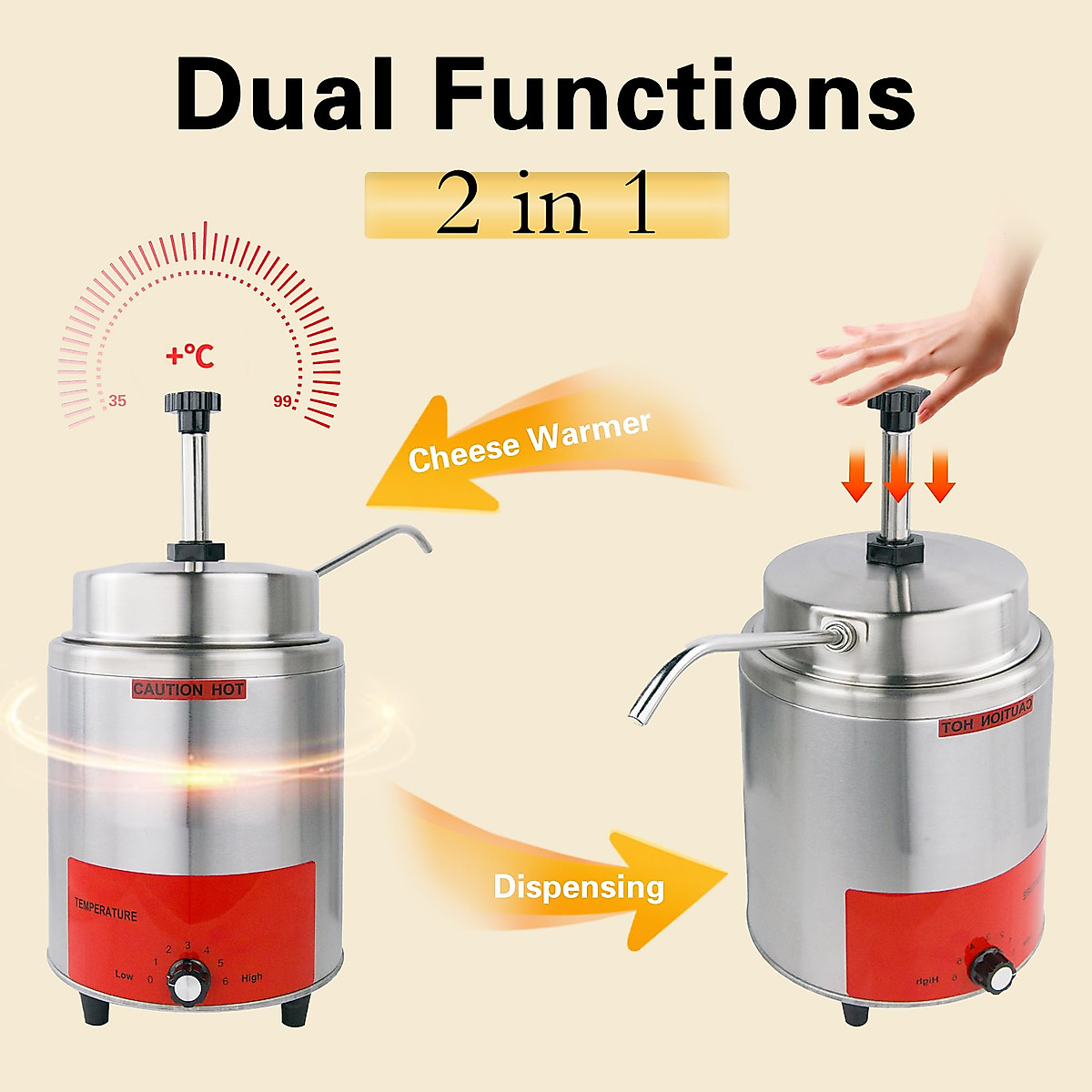 Hakka Nacho Cheese Dispenser with Pump, 3.5 Qt Electric Cheese Warmer Hot Fudge Dispenser Commercial Sauce Warmer Stainless Steel Hot Topping Warmer for Fudge/Cheese/Caramel, Includes Insert Pot