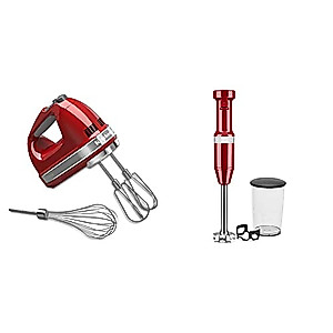 KitchenAid KHM7210ER 7-Speed Digital Hand Mixer with Turbo Beater II Accessories and Pro Whisk - Empire Red & Variable Speed Corded Hand Blender - KHBV53