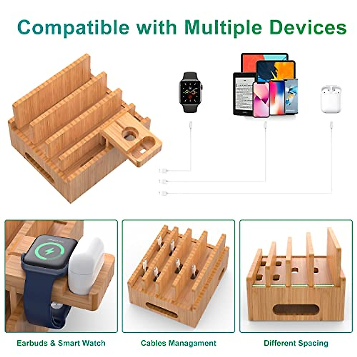 Bamboo Charging Station for Multiple Devices with 5 Port USB Charger, 6 Cables and Smart Watch & Earbuds Stand. Pezin & Hulin Desk Docking Stations Electronic Organizer for Cell Phone, Tablet