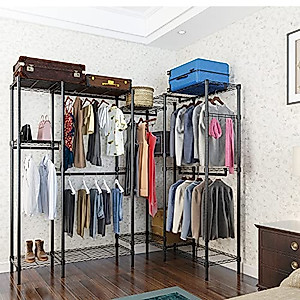 Karl home 70.8" H L-Shaped Freestanding Garment Rack, Adjustable Wire Clothes Rack Closet Organizer with 8 Shelves 6 Hanging Rods 4 Hooks, Heavy Duty Clothing Wardrobe Industrial Storage Black Metal