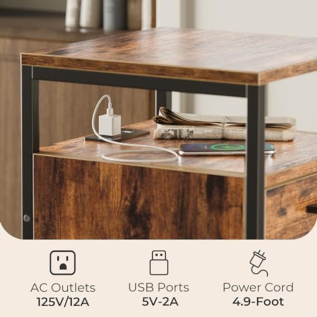 SUPERJARE File Cabinet with Lock & Charging Station, 2 Drawers Rolling Filing Cabinet, Office File Cabinet with Wheels & Open Shelf, for Home Office, A4/Letter Size Files - Rustic Brown