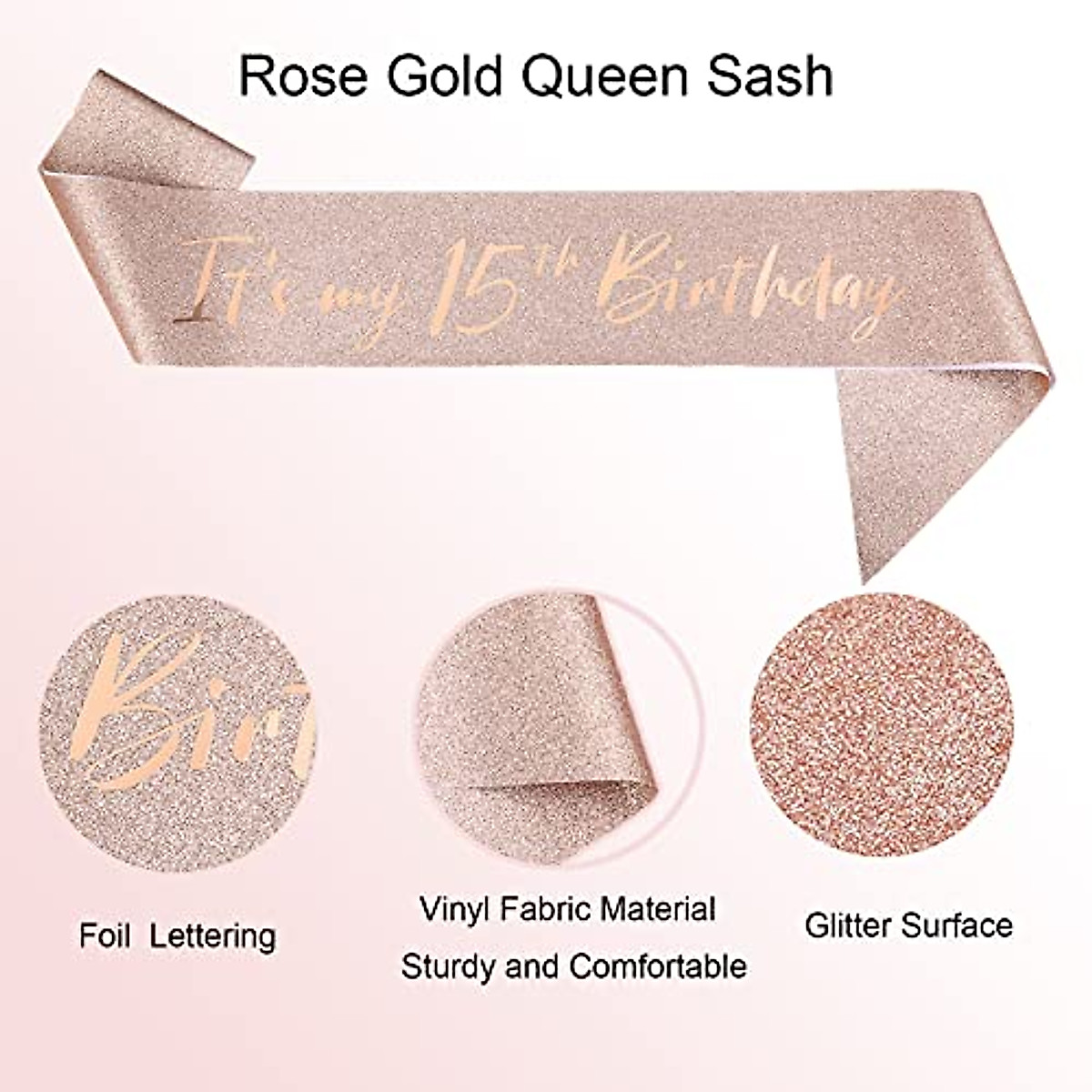 15th Birthday Decorations for Girls，Rose Gold 15 Birthday Crown Tiara ，Cake Topper, Birthday Sash with Peal Pin and Birthday Candles Kit,15th Birthday Gifts for Girls