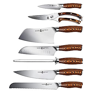 TUO Knife Set 8pcs, Japanese Kitchen Chef Knives Set with Wooden Block, including Honing Steel and Shears, Forged German HC Steel with comfortable Pakkawood Handle, Fiery Series Come with Gift Box