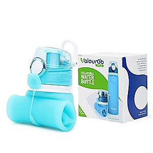 Valourgo Collapsible Water Bottle, Silicone Foldable with Leak Proof Valve BPA Free, Aqua Blue, 21 oz