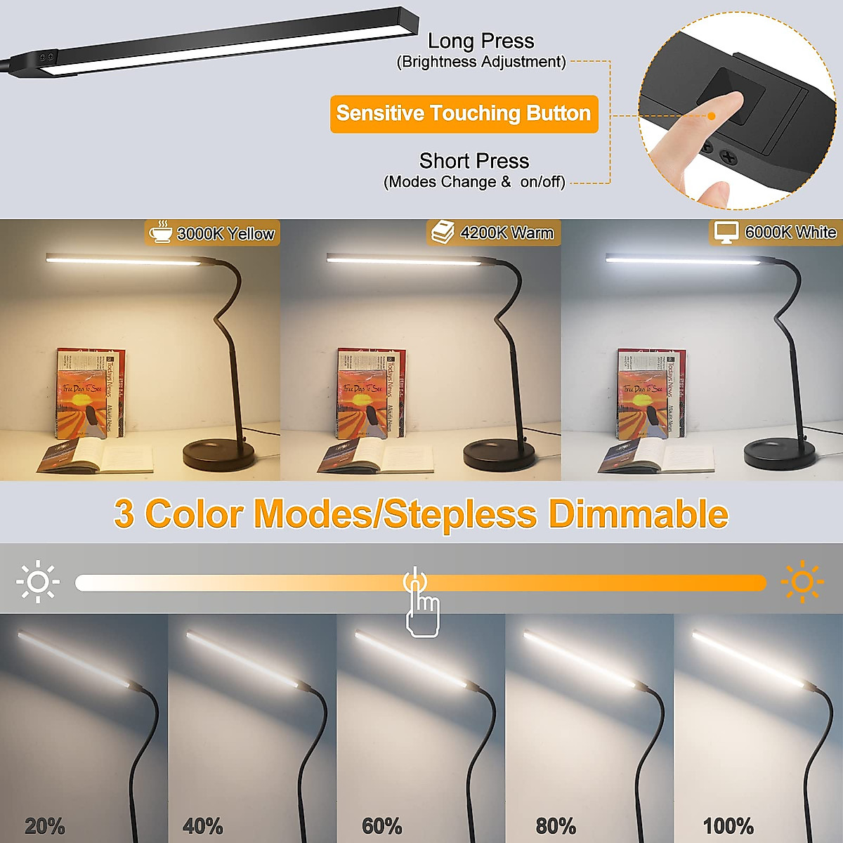 NAKOOS LED Desk Lamp with Clamp & Round Base, Eye Caring Table Lamp with Flexible Gooseneck, Touch Control 3 Color Modes, 10 Brightness Levels, Desk Light for Home Office 12W