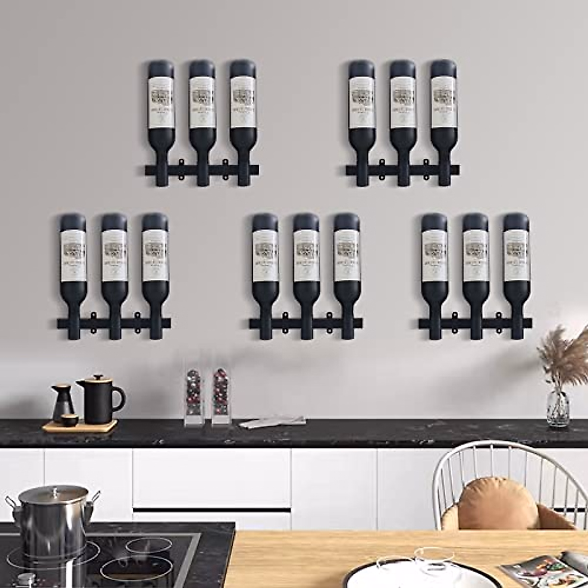 OFILLES 2 Pcs Black 3 Bottle Wall Mounted Wine Racks, Wall Wine Bottle Holder, Hanging Wine Organizer Rack for Wine Bottle