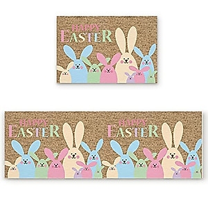Arts Print Easter Bunny Kitchen Mats Set of 2,Colorful Rabbits Retro Texture Floor Mat,Non-Slip Durable Kitchen Rugs for Kitchen Sink,Laundry Room,15.7x23.6Inch+15.7x47.2Inch