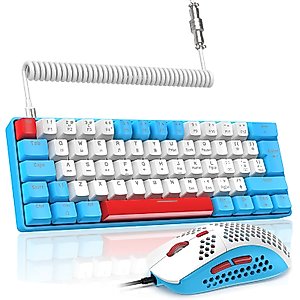LexonElec T60PRO 60% Mechanical Keyboard and Mouse Combo+Coiled USB C Cable, Compact RGB LED Backlit Keyboard, Linear Red Switch, 6400 DPI Programmable RGB Mouse for PC Mac Gamer(Blue&White)