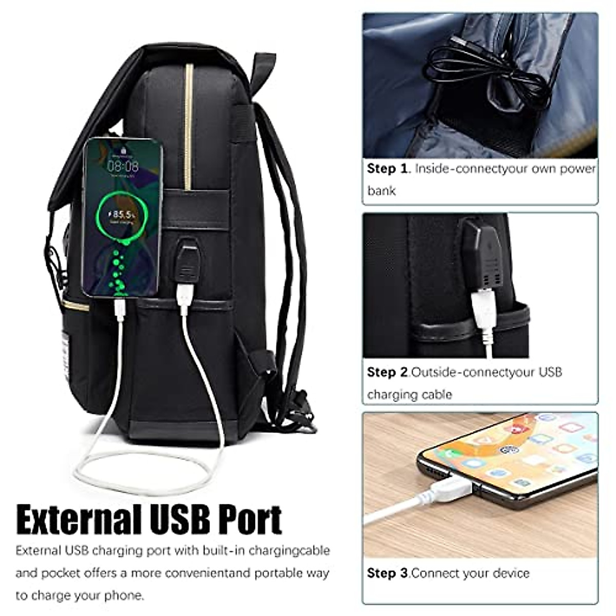 YODALA Vintage Laptop Backpack for women men, Elegant Water Resistant College Book Bag with USB Charging Port,Slim Travel Casual Daypack Fits up to 15.6Inch Laptop in ALL Black