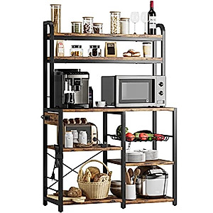 IDEALHOUSE Bakers Rack with Power Outlet, Coffee Bar with Wire Drawer, Industrial Microwave Stand, Kitchen Buffet Table with Large Storage, 6-Tier Kitchen Storage Rack with Hutch, Rustic Brown
