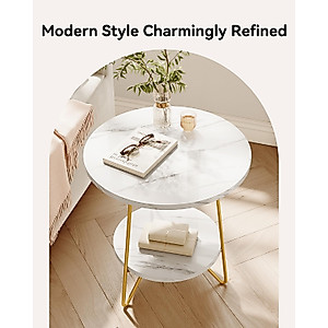 LITTLE TREE 2 Tier Faux Marble End Table Round Side Table with Shelves Small Coffee Accent Table for Living Room, White and Gold