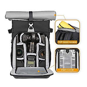 TARION XH Camera Bag Hard Shell Camera Backpack Hardcase Camera Bag Roll Top DSLR Backpack Bag with 15" Laptop Compartment Waterproof Raincover for Cameras Lens Tripod Outdoor Men Women Color Silver