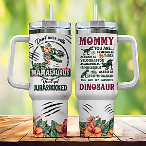9SUNFLOWER Mamasaurus Stainless Steel Dinosaur Insulated Cup With Floral Straw Lid, Handle, 40 Oz Tumbler, Mommy Dinosaur Gift
