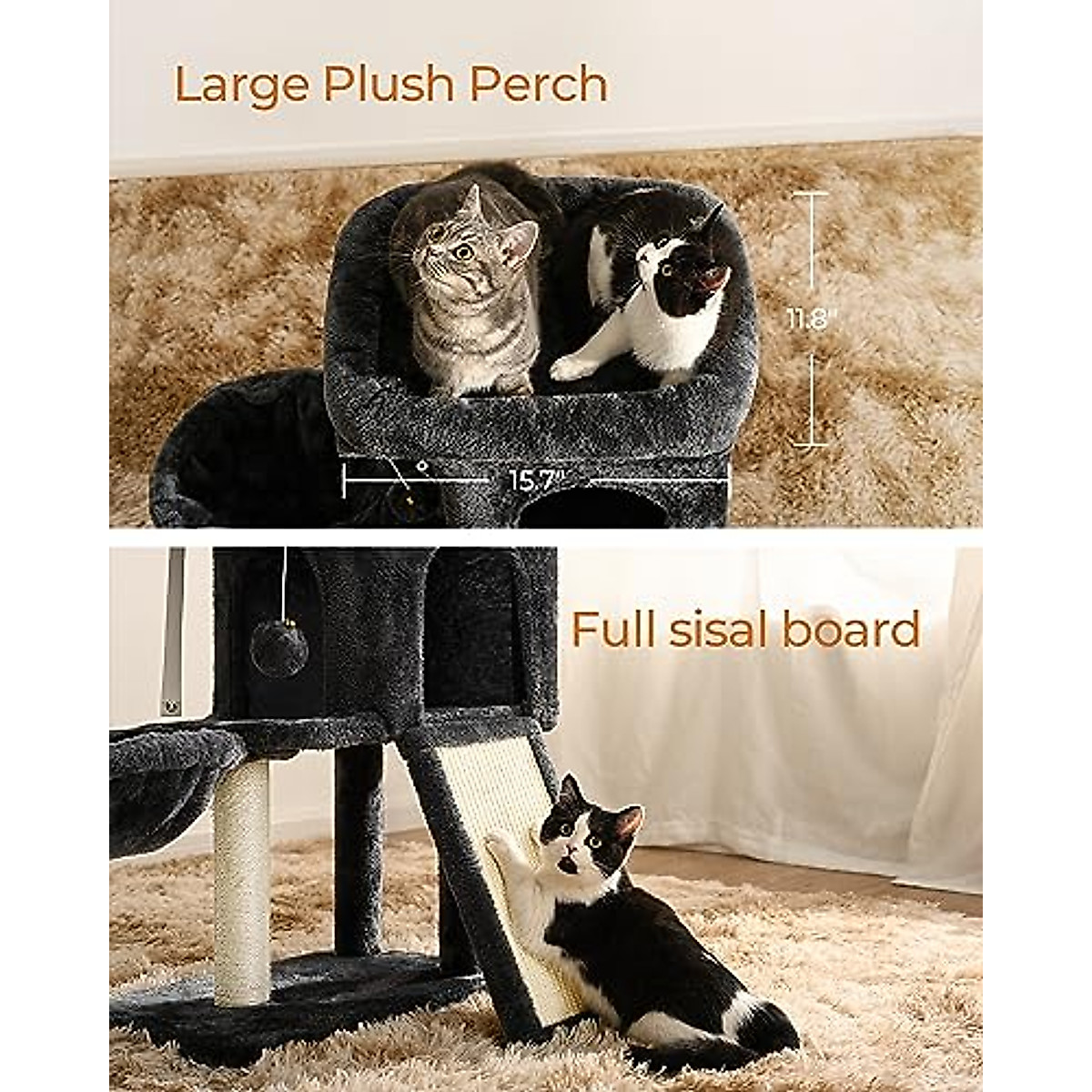 FourFurPets Cat Tree, 27in Cat Tower, Cat Condo for Kittens, Large Cat Perch, Cat Caves, Cat Basket, Sisal Scratching Board, Smoky Gray