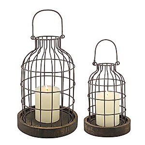 Stonebriar SB-5393C 2PC Wire Metal Cloche Set, Set of 2, Brown & Large 11.8" Decorative Rustic Farmhouse Worn Natural Wood and Metal Tray