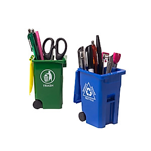 Wiosi Mini Curbside Garbage Trash Bin Pen Holder and Unique Tiny Size Recycle Can Set Pencil Cup Desktop Organizer Green Blue 2-Pack