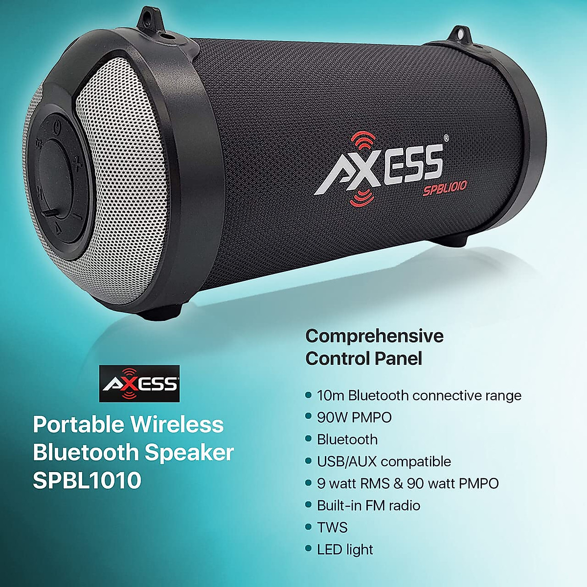 Axess Portable Wireless Bluetooth Speaker — USB C, FM Radio, & Aux Inputs 3” Speaker for Rich Sound & Bass with LED Lights, TWS+ Link, Good for Home Or Outdoor Use SPBL1010 Small Bluetooth Speaker