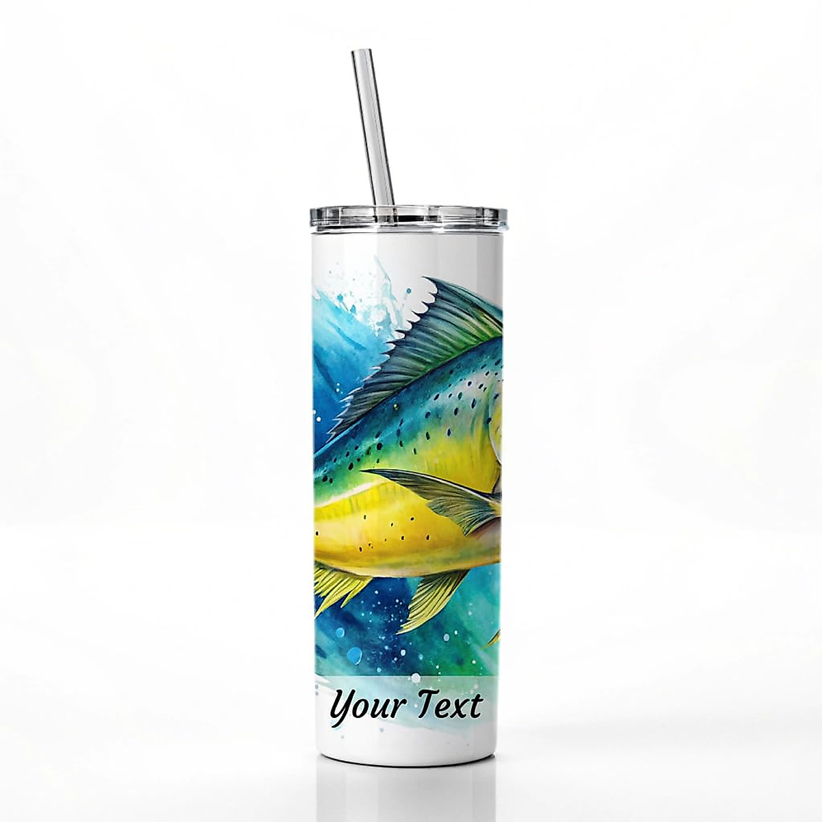 Personalized Custom Name Text Mahi Mahi Fish Watercolor Skinny Tumbler 20oz with Straw Insulated Water Bottle Gift - 1 Line Horizontal