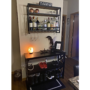 SSS Furniture Industrial Wine Rack Wall Mounted with 8 Stem Wine Glass Holder, 31.5in Hanging Wall Wine Rack Floating Bar Shelves, 3-Tier Wood Shelves Wine Shelf Home Décor Display Rack