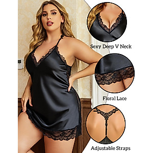 Avidlove Women Lingerie Plus Size Satin Halter Lace Chemise Nightgown Sexy Sleepwear (Black, XXX-Large)