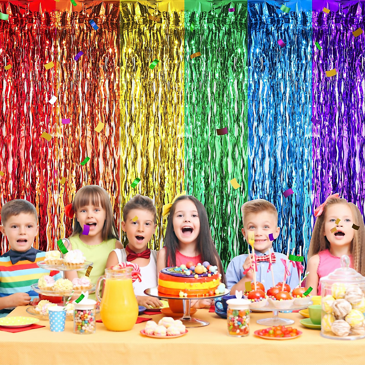 2 Pack 3.3X6.6Ft Rainbow Wavy Foil Fringe Curtains Backdrop Decorations, Rainbow Metallic Tinsel Foil Streamers Photo Booth Background for Birthday Wedding Engagement Bridal Shower Party Decorations