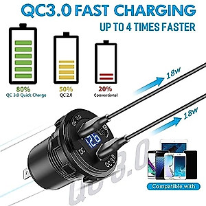 [Upgraded]2Pcs 12V/24V USB Outlet with Voltmeter& ON/Off Switch, Quick Charge 3.0 Dual USB Power Outlet, Waterproof Fast Charge USB Charger Socket DIY Kit for Car Boat Marine (2 Pack)