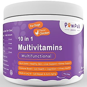 PawPuk Paws Multifunctional Dog Supplements and Vitamins, Silymarin, Green Lipped Mussel, Glucosamine, MSM, Salmon Oil, Probiotics, Co-Q10, NMN, Antioxidant, Immune, Gut, UTI, Radiant Skin & Coat