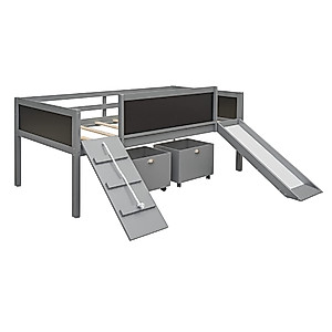 Bellemave Low Loft Bed with Slide, Twin, Grey, Wooden Frame, Storage Boxes, Chalk Board for Kids
