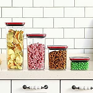 Kitchen Pantry Airtight Smart Seal Dry Food Storage with Lid, Modular, Stackable, Square, Clear Canister for Cereal, Sugar, Flour, Snack, Coffee, Pasta Container (8 Set, Black Lid)