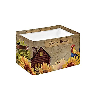Cube Storage Bins Cloth Towel Organizer Farm House Vintage Barn Cock Chicken Sunflower Fabric Collapsible Storage Baskets with Handles for Home Office Closet Shelves Toy Nursery 1 Pack