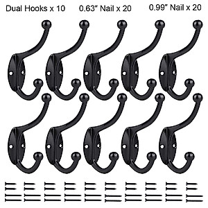 E-Senior 10 Pack Coat Rack Hooks for Entryway Hanging Towels Clothes Robes Double-Prong Farmhouse Rustic DIY Wall Mounted Decorative Hanger with Screws (Black)