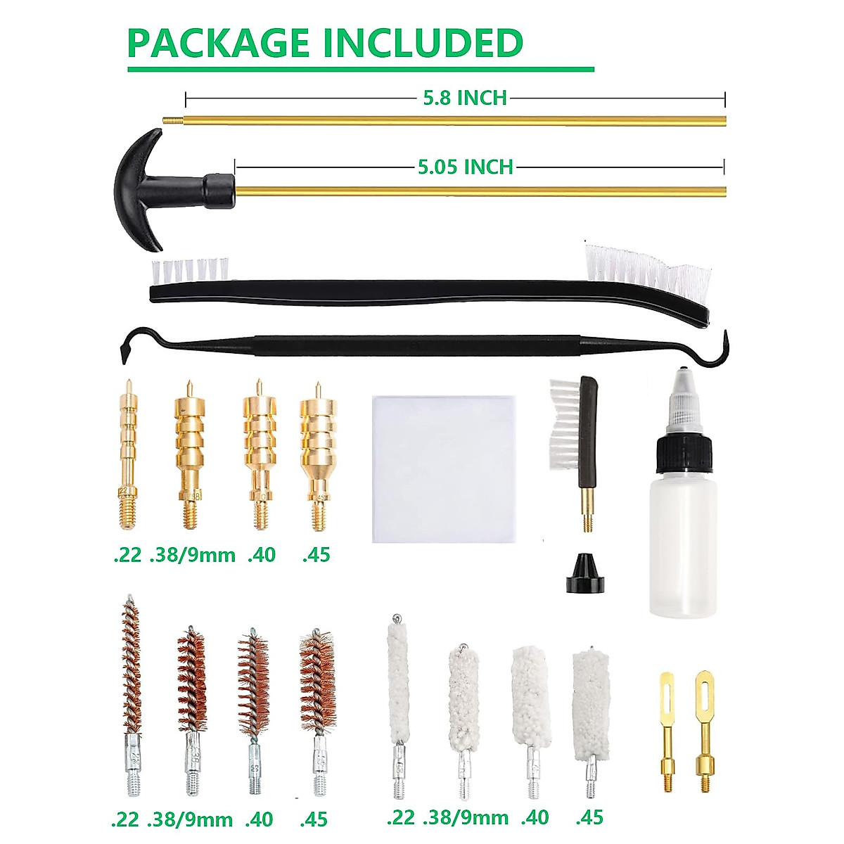 Funryer Universal Gun Cleaning Kit Pistol 9mm .38 .22 .40 .45 Caliber for Handgun Hunting Shooting with Bronze Bore Brush & Brass Jag Oil Bottle