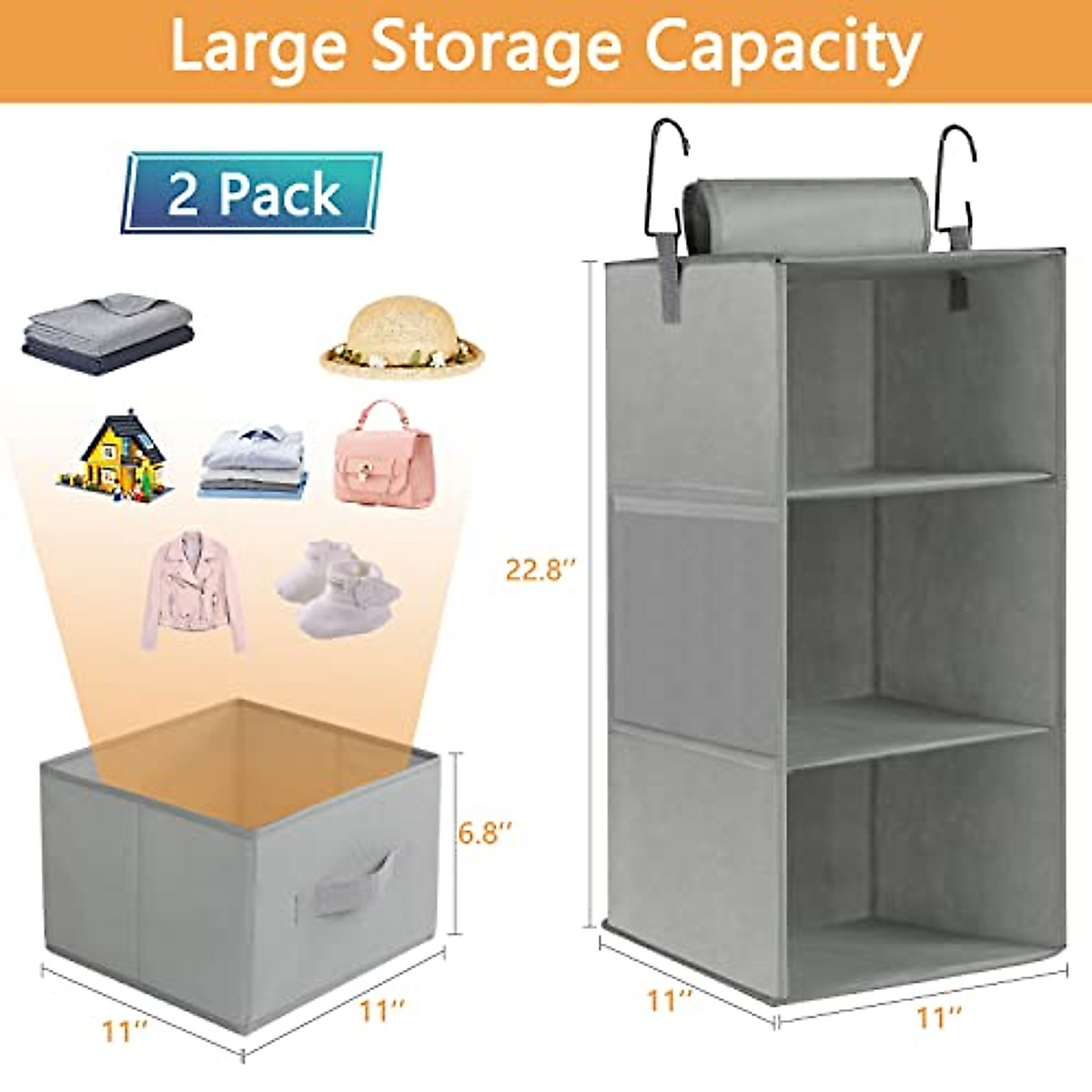 Hanging Closet Organizer, 2 Pack Hanging Closet Shelves w/ Drawers, 3-Shelf Foldable Hanging Organizer by 2 Hanging Ways for Closet Wardrobe Rv Dorm Bedroom Nursery Storage, 22.8x11x11in (Gray)