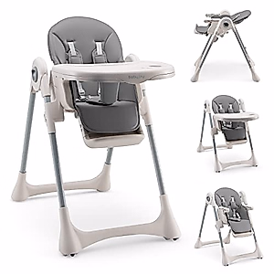 BABY JOY Convertible High Chair for Babies & Toddlers, Foldable Highchair with Adjustable Backrest/Footrest/Seat Height, Double Removable Tray, Detachable PU Cushion, Built-in Front Wheels (Gray)