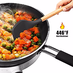 14 Pcs Silicone Cooking Utensils Kitchen Utensil Set - 446°F Heat Resistant,Turner Tongs, Spatula, Spoon, Brush, Whisk, Wooden Handle Gray Kitchen Gadgets with Holder for Nonstick Cookware (BPA Free)