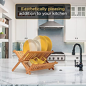 Collapsible Dish Drying Rack - Bamboo 2-Tier Dish Drainer Kitchen Plate Rack for Kitchen Countertop - Foldable & Compact for Space-Saving Storage