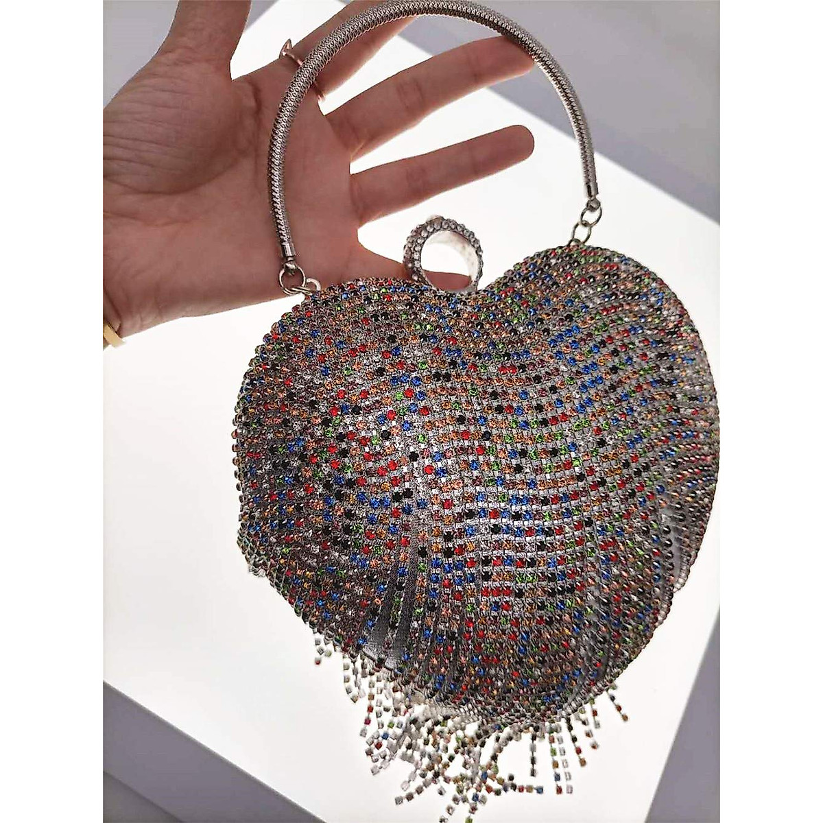 WANLIAN Women Luxury Cute Heart Shape Tassel Evening Clutch Bag Rhinestones Wedding Party Purse Handbag With Earrings Necklace