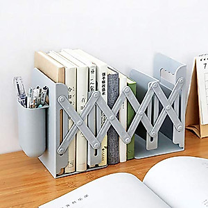 Autek Adjustable Bookend with Pen Holder Desktop Bookshelf Book End ABS Rack Desk File Book Storage Ideal Book Organizer for Home, School and Office White