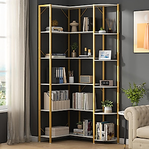 Loomie Gold Corner Shelf, 6-Tier 70.87" H Corner Bookcase, Tall Modern Corner Bookshelf Storage Display Rack, Open Book Case for Home Office & Living Room, Gold Finish Metal Frame & White Shelving