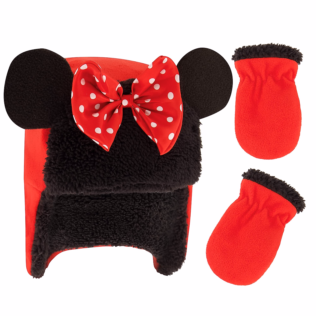 Disney baby girls Minnie Mouse Toddler Fleece Trapper Winter With Sherpa Lining and Mitten Set Beanie Hat, Minnie Mouse, 2-4T US