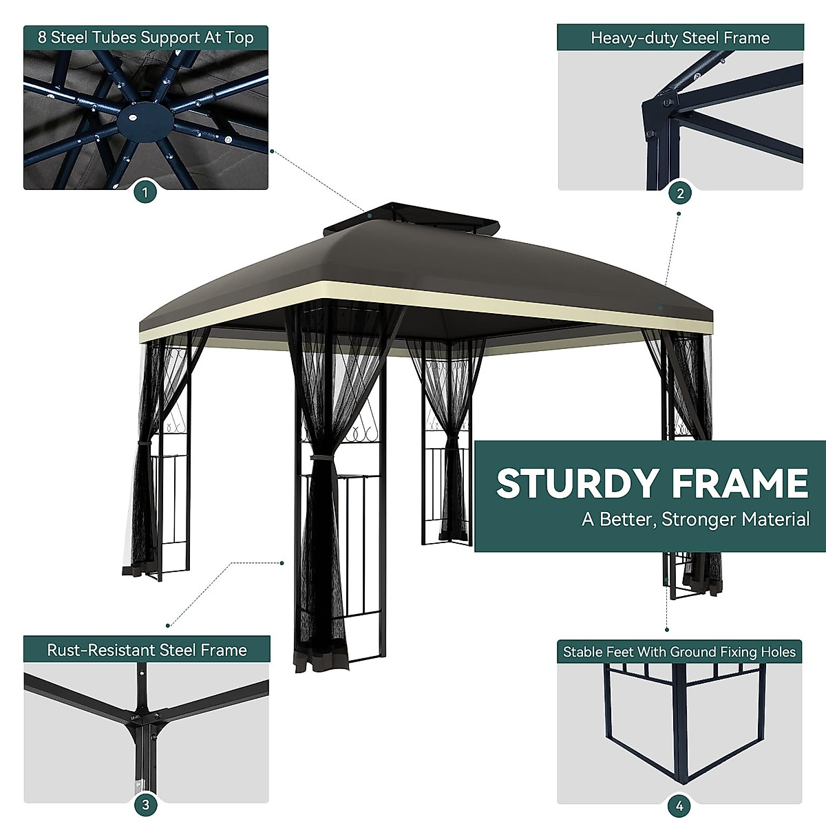FUNG YARD 10x10 Outdoor Gazebo, Double Roof Patio Gazebo with Mosquito Netting, Sturdy Steel Frame, Sun & Waterproof, Perfect for Backyard, Garden, Party (Brown)